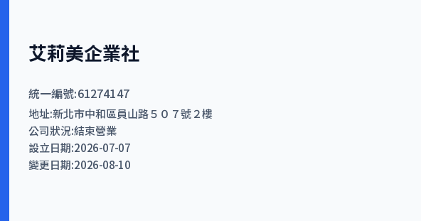 艾莉美企業社的照片-統編 61274147 公司登記資料與營業項目詳細圖表