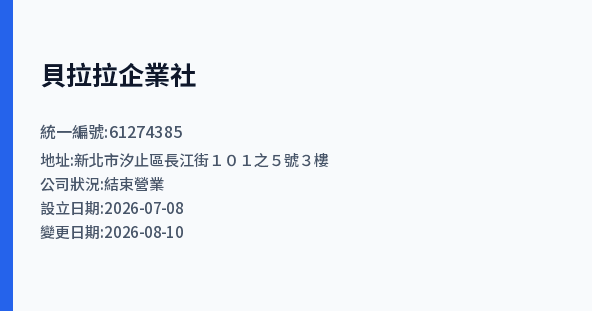 貝拉拉企業社的照片-統編 61274385(新北市) 公司登記資料與營業項目詳細圖表