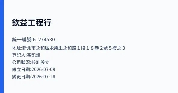 欽益工程行的照片-統編 61274580(新北市) 公司登記資料與營業項目詳細圖表