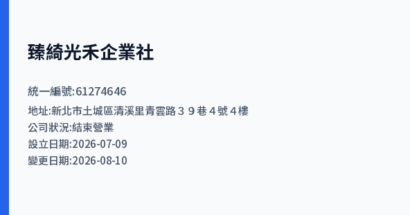 臻綺光禾企業社的照片-統編 61274646(新北市) 公司登記資料與營業項目詳細圖表