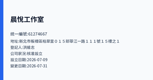 晨悅工作室的照片-統編 61274667(新北市) 公司登記資料與營業項目詳細圖表