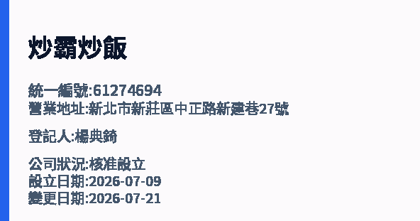 炒霸炒飯的照片-統編 61274694(新北市) 公司登記資料與營業項目詳細圖表