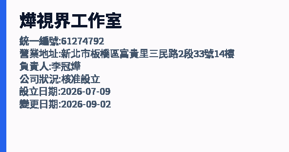 燁視界工作室的照片-統編 61274792 公司登記資料與營業項目詳細圖表