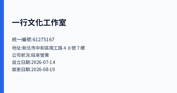 一行文化工作室的照片-統編 61275167(新北市) 公司登記資料與營業項目詳細圖表