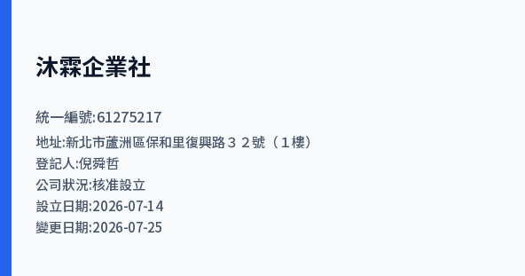 沐霖企業社的照片-統編 61275217(新北市) 公司登記資料與營業項目詳細圖表