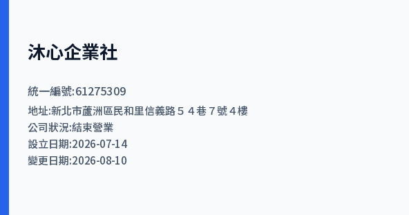 沐心企業社的照片-統編 61275309(新北市) 公司登記資料與營業項目詳細圖表