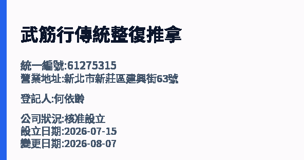 武筋行傳統整復推拿的照片-統編 61275315(新北市) 公司登記資料與營業項目詳細圖表