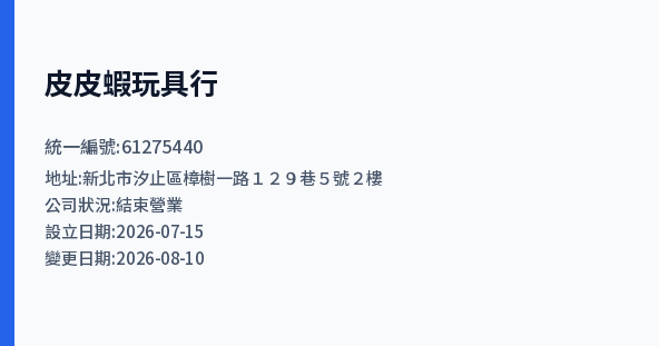 皮皮蝦玩具行的照片-統編 61275440(新北市) 公司登記資料與營業項目詳細圖表