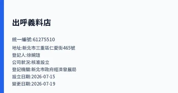 出呼義料店的照片-統編 61275510(新北市) 公司登記資料與營業項目詳細圖表