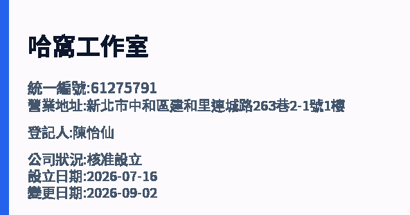 哈窩工作室的照片-統編 61275791(新北市) 公司登記資料與營業項目詳細圖表