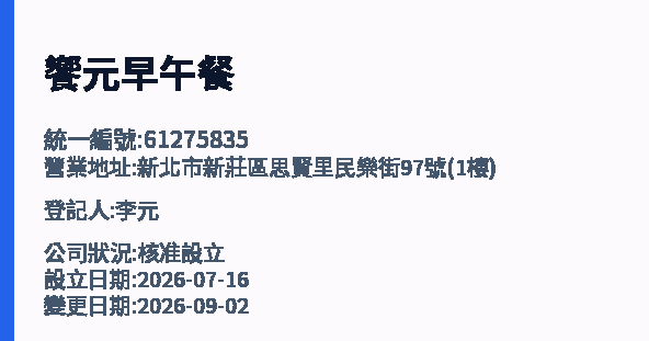 饗元早午餐的照片-統編 61275835 公司登記資料與營業項目詳細圖表