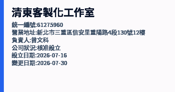 清東客製化工作室的照片-統編 61275960(新北市) 公司登記資料與營業項目詳細圖表