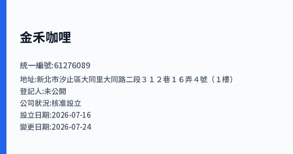 金禾咖哩的照片-統編 61276089(新北市) 公司登記資料與營業項目詳細圖表