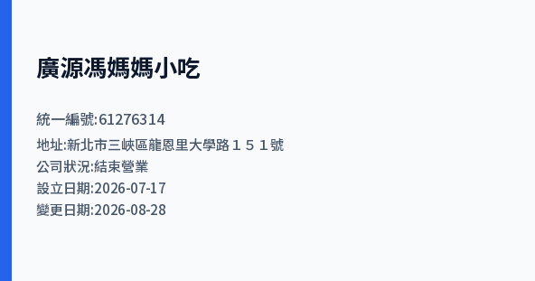 廣源馮媽媽小吃的照片-統編 61276314 公司登記資料與營業項目詳細圖表