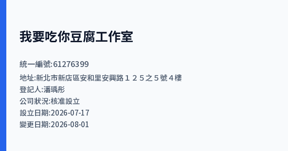 我要吃你豆腐工作室的照片-統編 61276399(新北市) 公司登記資料與營業項目詳細圖表