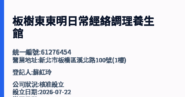 板樹東東明日常經絡調理養生館的照片-統編 61276454(新北市) 公司登記資料與營業項目詳細圖表
