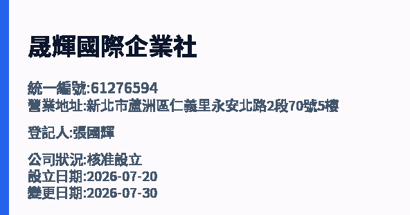 晟輝國際企業社的照片-統編 61276594(新北市) 公司登記資料與營業項目詳細圖表