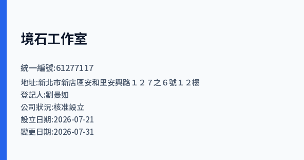 境石工作室的照片-統編 61277117(新北市) 公司登記資料與營業項目詳細圖表