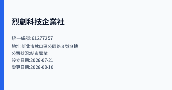 烈創科技企業社的照片-統編 61277257(新北市) 公司登記資料與營業項目詳細圖表