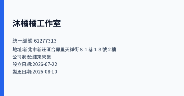 沐橘橘工作室的照片-統編 61277313(新北市) 公司登記資料與營業項目詳細圖表