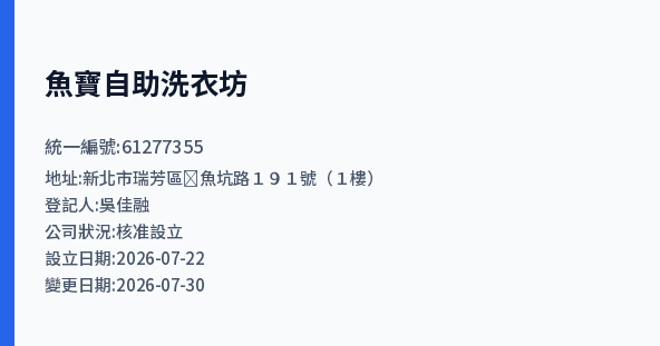 魚寶自助洗衣坊的照片-統編 61277355(新北市) 公司登記資料與營業項目詳細圖表