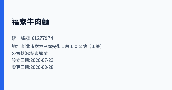 福家牛肉麵的照片-統編 61277974(新北市) 公司登記資料與營業項目詳細圖表