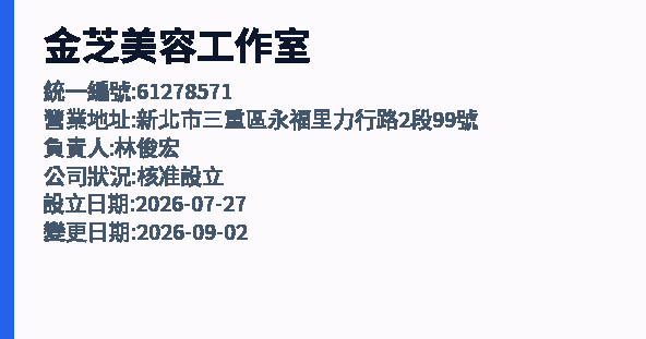 金芝美容工作室的照片-統編 61278571(新北市) 公司登記資料與營業項目詳細圖表