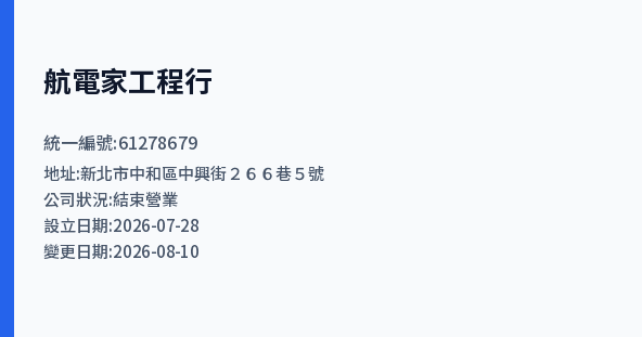 航電家工程行的照片-統編 61278679(新北市) 公司登記資料與營業項目詳細圖表