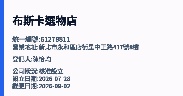 布斯卡選物店的照片-統編 61278811(新北市) 公司登記資料與營業項目詳細圖表