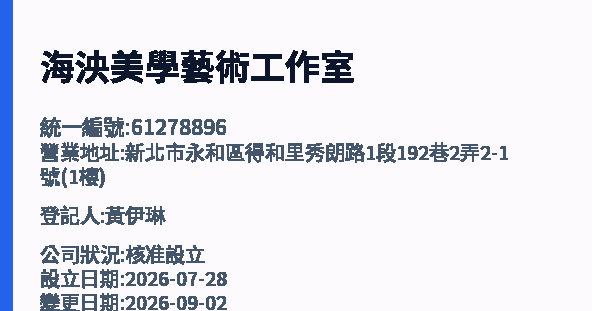 海泱美學藝術工作室的照片-統編 61278896(新北市) 公司登記資料與營業項目詳細圖表