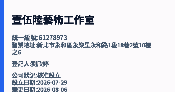 壹伍陸藝術工作室的照片-統編 61278973(新北市) 公司登記資料與營業項目詳細圖表
