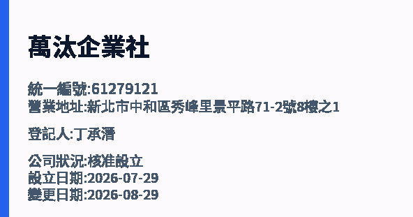 萬汰企業社的照片-統編 61279121(新北市) 公司登記資料與營業項目詳細圖表