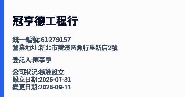 冠亨德工程行的照片-統編 61279157(新北市) 公司登記資料與營業項目詳細圖表