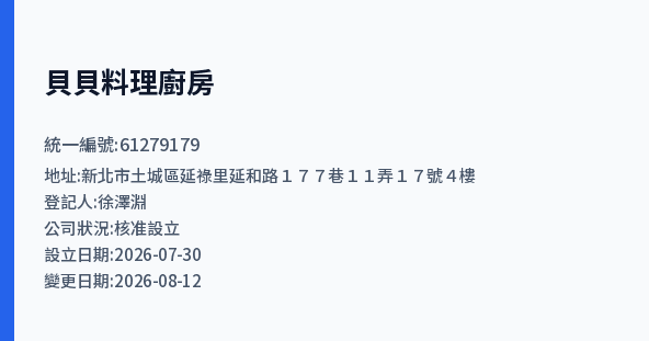 貝貝料理廚房的照片-統編 61279179(新北市) 公司登記資料與營業項目詳細圖表