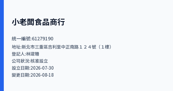 小老闆食品商行的照片-統編 61279190(新北市) 公司登記資料與營業項目詳細圖表