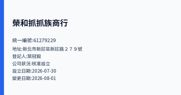 榮和抓抓族商行的照片-統編 61279229(新北市) 公司登記資料與營業項目詳細圖表
