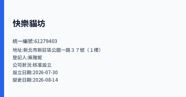 快樂貓坊的照片-統編 61279403(新北市) 公司登記資料與營業項目詳細圖表