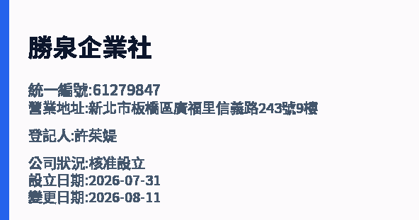 勝泉企業社的照片-統編 61279847(新北市) 公司登記資料與營業項目詳細圖表
