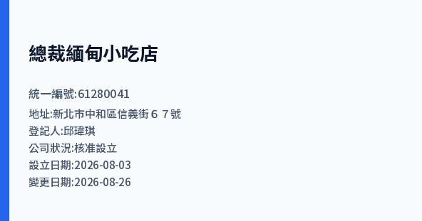 總裁緬甸小吃店的照片-統編 61280041(新北市) 公司登記資料與營業項目詳細圖表