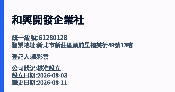 和興開發企業社的照片-統編 61280128(新北市) 公司登記資料與營業項目詳細圖表