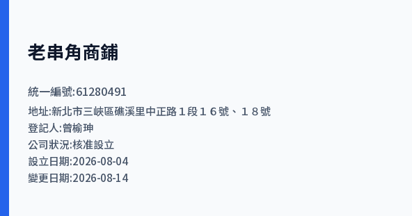 老串角商鋪的照片-統編 61280491(新北市) 公司登記資料與營業項目詳細圖表
