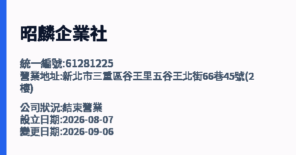 昭麟企業社的照片-統編 61281225(新北市) 公司登記資料與營業項目詳細圖表