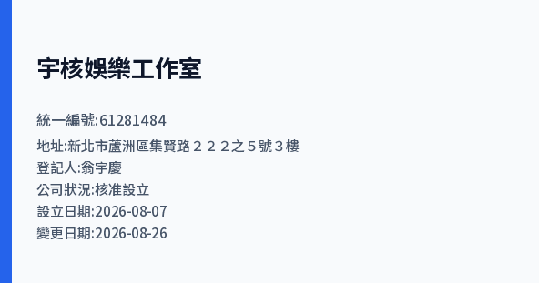宇核娛樂工作室的照片-統編 61281484(新北市) 公司登記資料與營業項目詳細圖表