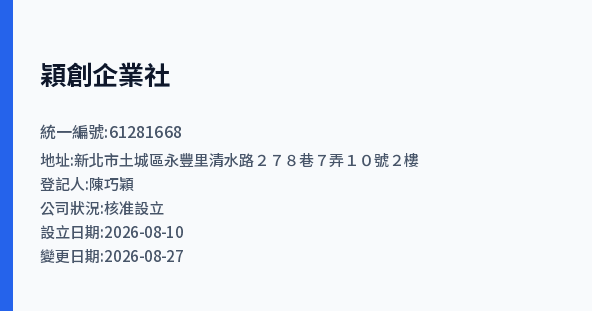 穎創企業社的照片-統編 61281668(新北市) 公司登記資料與營業項目詳細圖表
