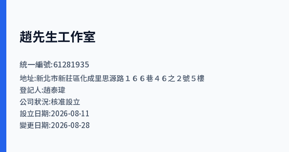 趙先生工作室的照片-統編 61281935(新北市) 公司登記資料與營業項目詳細圖表