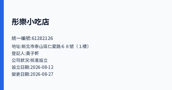 彤樂小吃店的照片-統編 61282126(新北市) 公司登記資料與營業項目詳細圖表