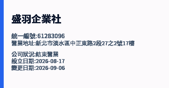 盛羽企業社的照片-統編 61283096(新北市) 公司登記資料與營業項目詳細圖表