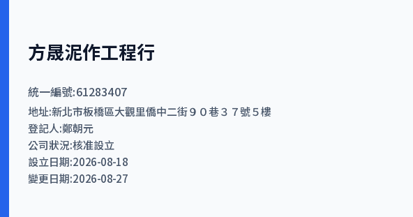 方晟泥作工程行的照片-統編 61283407(新北市) 公司登記資料與營業項目詳細圖表