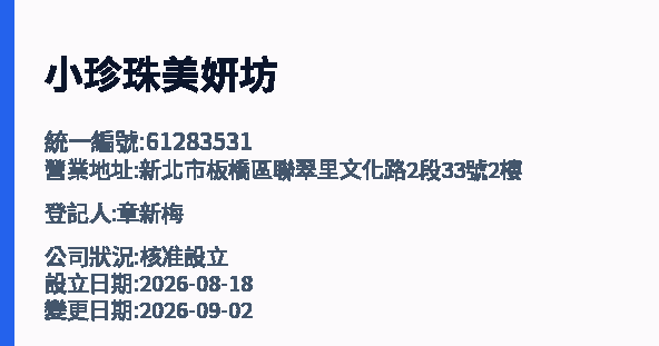 小珍珠美妍坊的照片-統編 61283531(新北市) 公司登記資料與營業項目詳細圖表