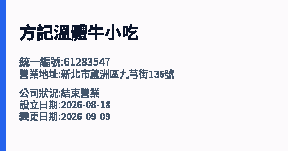 方記溫體牛小吃的照片-統編 61283547(新北市) 公司登記資料與營業項目詳細圖表